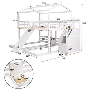 OYN Full Over Twin & Twin Floor Triple House Bunk Bed with Slide, Storage Staircase, Built-in Drawer and Shelf for Children Teens Boys and Girls ,Modren Bedroom Bedframe Furniture, White