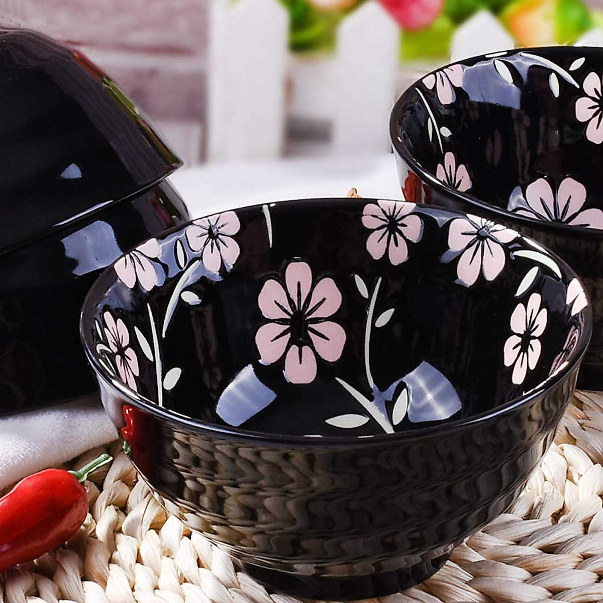 Whitenesser Japanese Style Rice Bowls set of 4, Ceramic Rice Bowls for Soup Cereal Oat (4, Black Sakura)