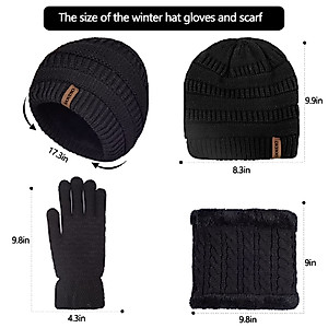 Women Beanie Hat Gloves and Scarf Set Winter Warm Knit Cap Thick Fleece Lined Neck Warmer Black Snow Ski Cold Weather, Gorras Gorros Guantes Bufandas de Invierno para Mujer, Gift for Mom