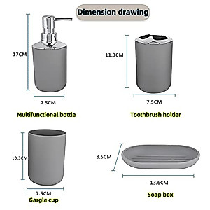 Jaugufiy Bathroom Accessory Set of 4, with Soap Dispenser Pump Bottle Toothbrush and Toopaste Holder Toothbrush Cup Soap Tray (Grey)