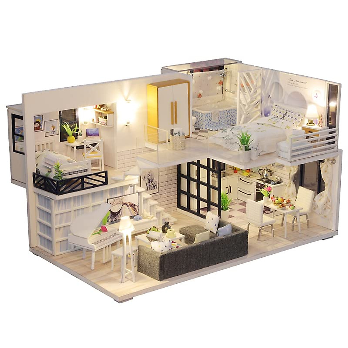Fsolis DIY Dollhouse Miniature Kit with Furniture, 3D Wooden Miniature House with Dust Cover and Music Movement, Miniature Dolls House kit (M21)