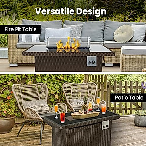 PRIMETEK 2-in-1 Fire Pit Table for Patio, Brown Wicker - 44", 50,000 BTU, Wind Guard, and Glass Rocks (FPH-BRN) (44" x 32" x 24")