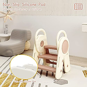 Benarita Step Stool for Toddler 3 Step Stool, Kids Foldable Step Stool for Bathroom Sink, Kitchen Counter Standing Tower, Step Ladder with Handles and Non-Slip Pads for Toilet Potty Training,Pink