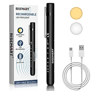 RISEMART Rechargeable Pen Light for Nurse, Rechargeable LED Portable Medical PenLight for Nurse, Doctor, First Aid, EMT, Nursing,Nursing Student,Warm/Cool White Black1