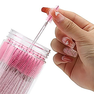 100 Pcs Disposable Mascara Wands, Crystal Eyebrow Spoolies Brush for Eyelash Extensions, Pink Lash Brushes with Container
