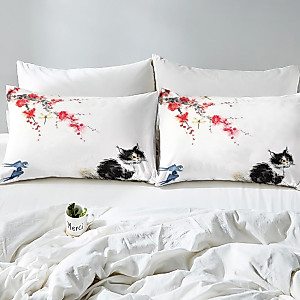 Red Cherry Blossoms Comforter Cover Ink Painting Cat Duvet Cover Kawaii Birds Butterfly Kitten Bedding Set Landscape Painting Chinese Style Bedding Collections with 2 Pillowcases, Full Size
