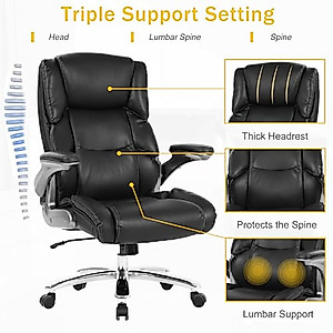 Ergonomic Big and Tall Office Chair Heavy Duty 400lbs Adjustable Rolling Swivel Desk Chair Pu Leather Executive Task Work Chair High Back Tilt Computer Chair w/Flip-up Armrest & Lumbar Support, Black
