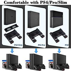 Megadream Cooling Fan Stand for PS4, Dual Controller Charge Station for PS4 Slim/PS4 Pro/Playstation 4, Multifunctional Vertical Cooling Stand with LED Indicator, 10PCS Games Storage, 4 Usb Connectors
