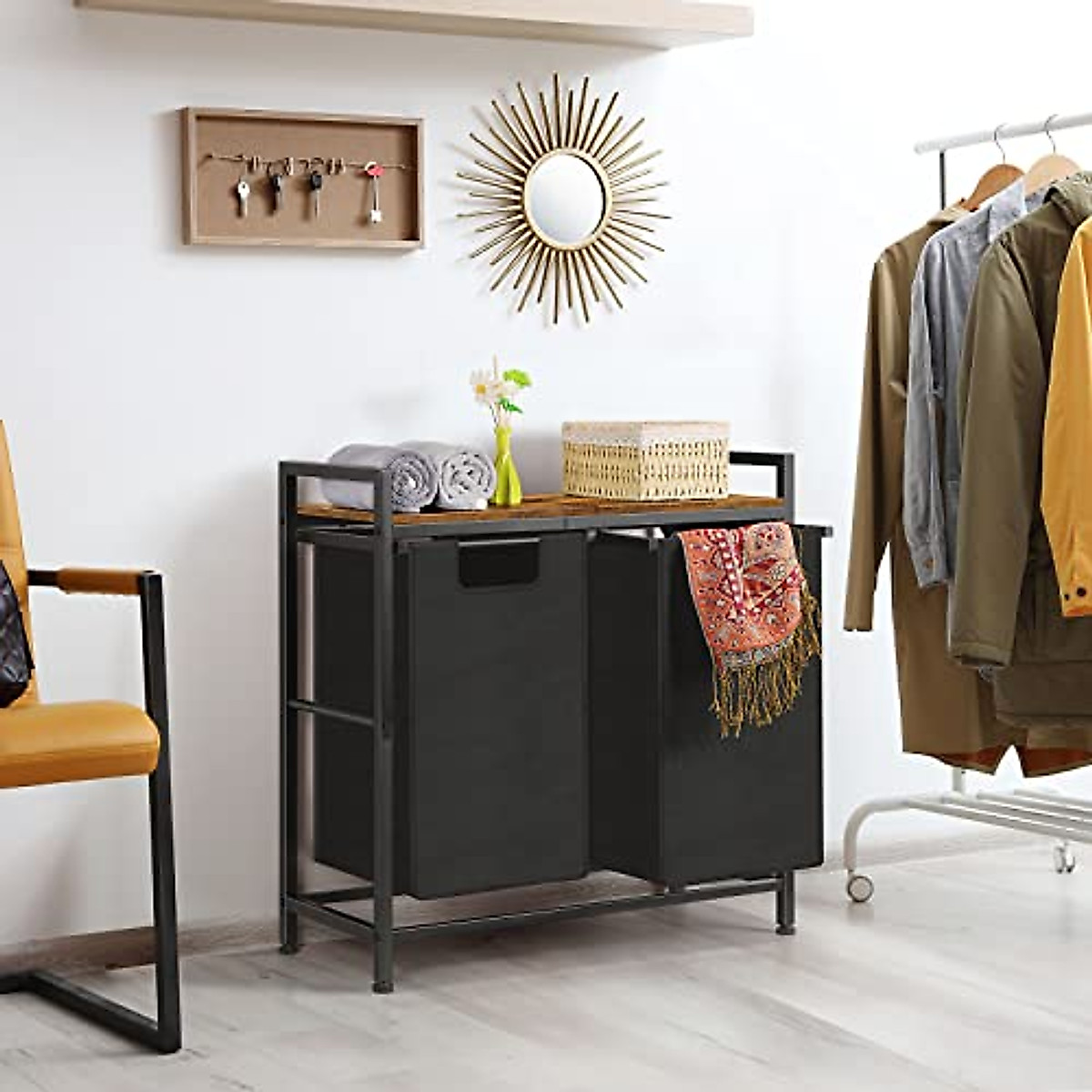 Laundry Basket 2 Section Laundry Hamper with Wooden Shelf and 2x45L Removable Laundry Sorter Bags Double Clothes Hamper for Laundry Room Bathroom Dorm Oxford Fabric Metal Frame, Rustic Brown and Black