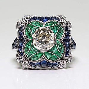 Yuren 925 Sterling Silver Vintage Emerald Ring Blue Sapphire White Topaz Ring Women Wedding Fashion Jewelry Size 6-10 (US Code 8)