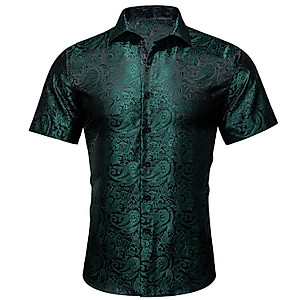 Men's Silk Shirt Paisley Floral Jacquard Short Sleeve Button Down Dress Shirts Formal Casual Wedding Party Deep Green