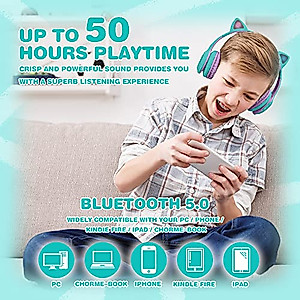 MIDOLA Kids Headphone Bluetooth Wireless or Wired Over Ear Cat Light Foldable Stereo Headset with AUX 3.5mm Mic Volume Limit 110-94 dB for Adult Child Boy Girl Cellphone Tablets TV Game Green