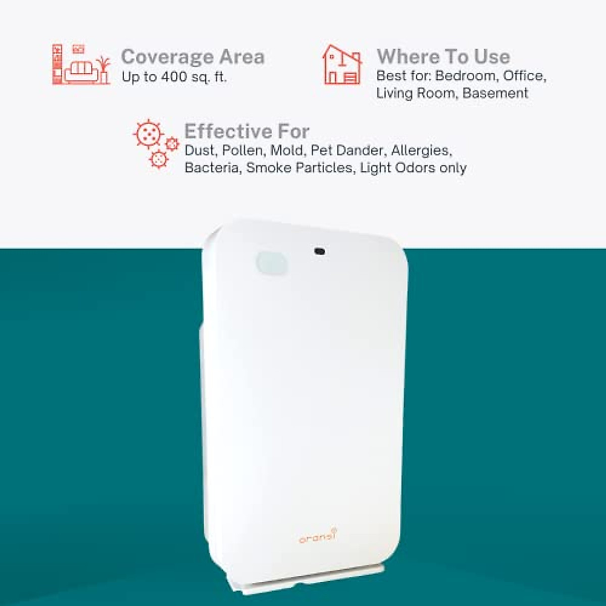Oransi OV200 Air Purifier for Home, Bedrooms, Offices and Large Rooms, HEPA Carbon Filter, Covers up to 400 Square Feet