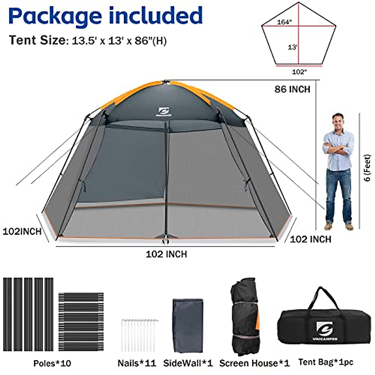 UNICAMPER Screen House 13.5x13 Ft Gazebo Mosquito Tent UPF 50+ Canopy Shelter Shade Easy Setup & Waterproof with Sidewall for Patios Outdoor Camping Activities(Grey)