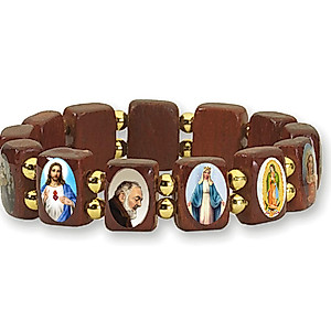 Catholica Shop Catholic Religious Wooden Stretch Devotional Bracelets with Assorted Color Images of Saints, Jesus, and Mary. Made in Brazil