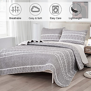 WONGS BEDDING Grey Quilt Set Queen, Boho Striped Triangle Printed Bedspread Coverlet Set, 3 Pieces (1 Quilt + 2 Pillowcases), Soft Microfiber Lightweight Bohemian Bedding Quilt for Summer 90"x96"