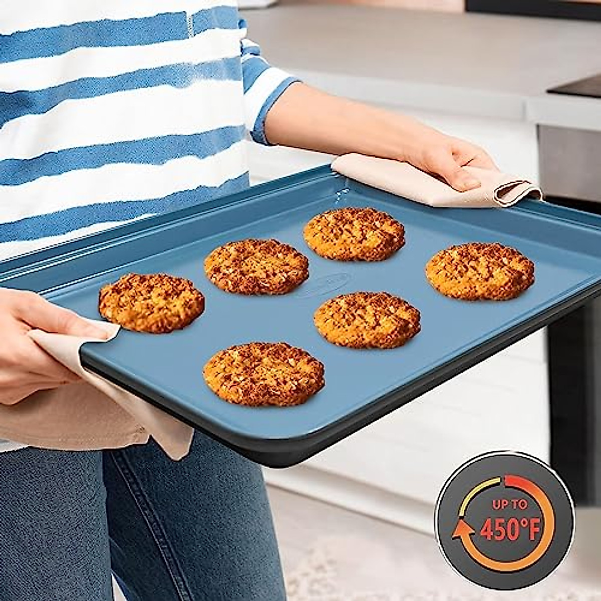 Baking Pans Set with Nonstick Coating - UltraThick Professional 8-Piece Bi-Color Pans including Cookie Sheet, Muffin, Loaf, Cake Pans, and Cooling Rack - Heavy Duty, Dishwasher Safe (Grey&Blue)