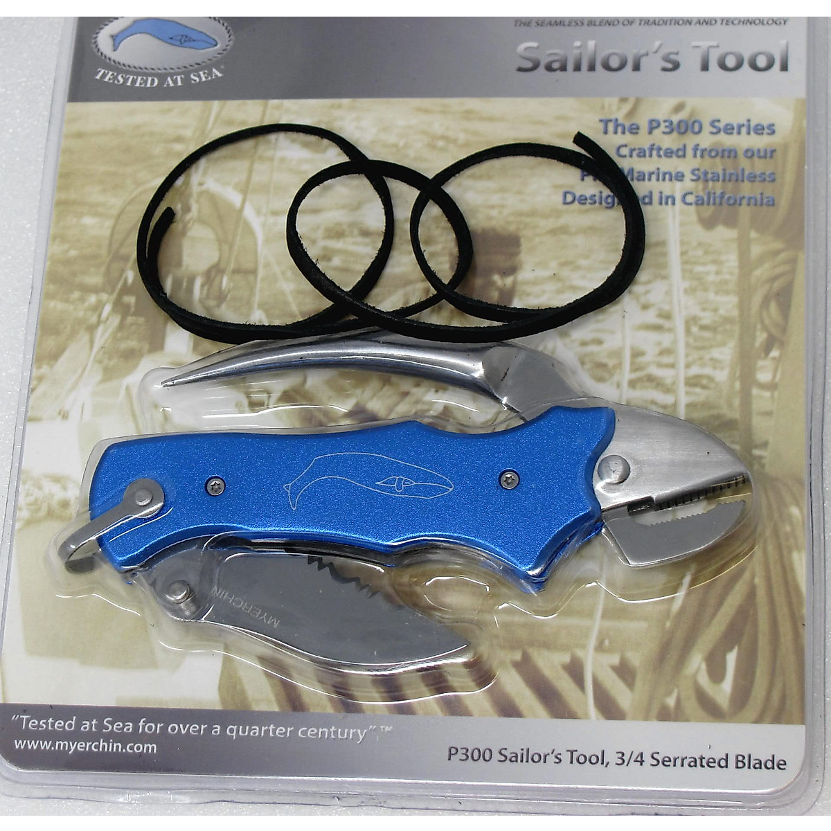 MYERCHIN SAILING KNIFE COMBO TOOL MARLIN SPIKE P300BL with Leather Lanyard Strap 🐳