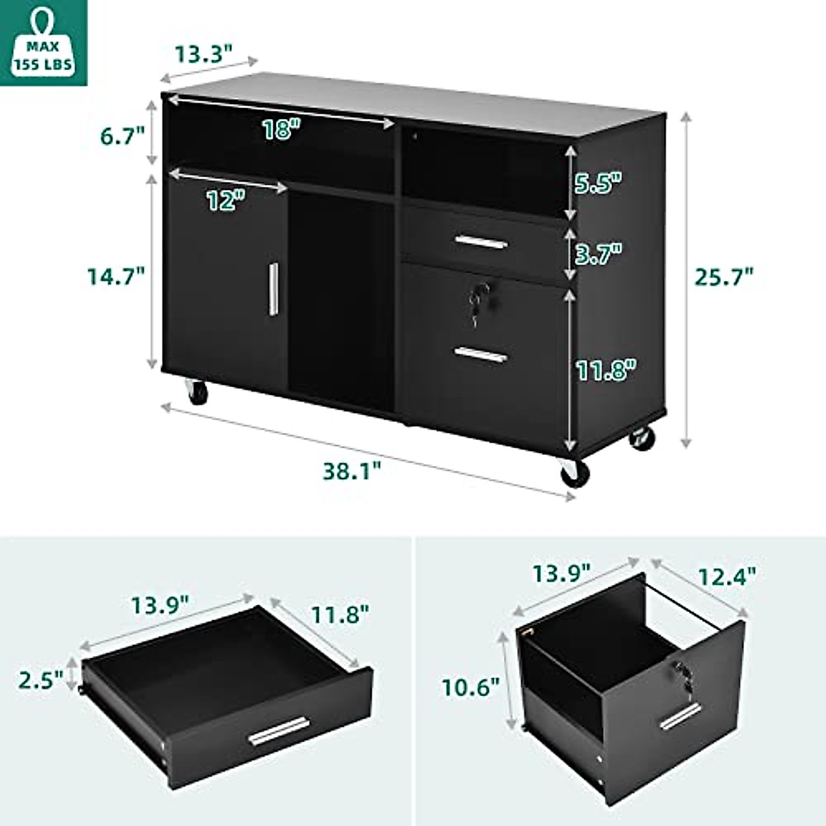 YITAHOME Wood Lateral File Cabinet, 2 Drawer Mobile Storage Cabinet, Fits A4, Letter Size Files, Printer Stand with Open Storage Shelves, Modern Filing Cabinet for Home Office, Black