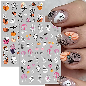 JMEOWIO 9 Sheets Halloween Nail Art Stickers Decals Self-Adhesive Pegatinas Uñas Pink Skull Ghost Witchy Spider Web Bat Pumpkin Horror Spook Nail Supplies Nail Art Design Decoration Accessories