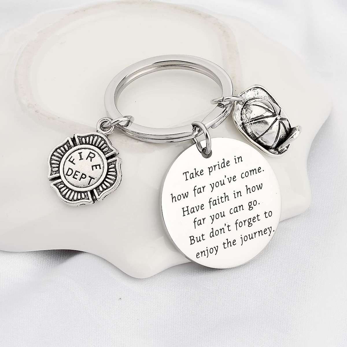 FUSTMW Firefighter Gifts Keychain Fireman Gifts Firefighter Graduation Gifts Take Pride in How Far You Have Come (silver)