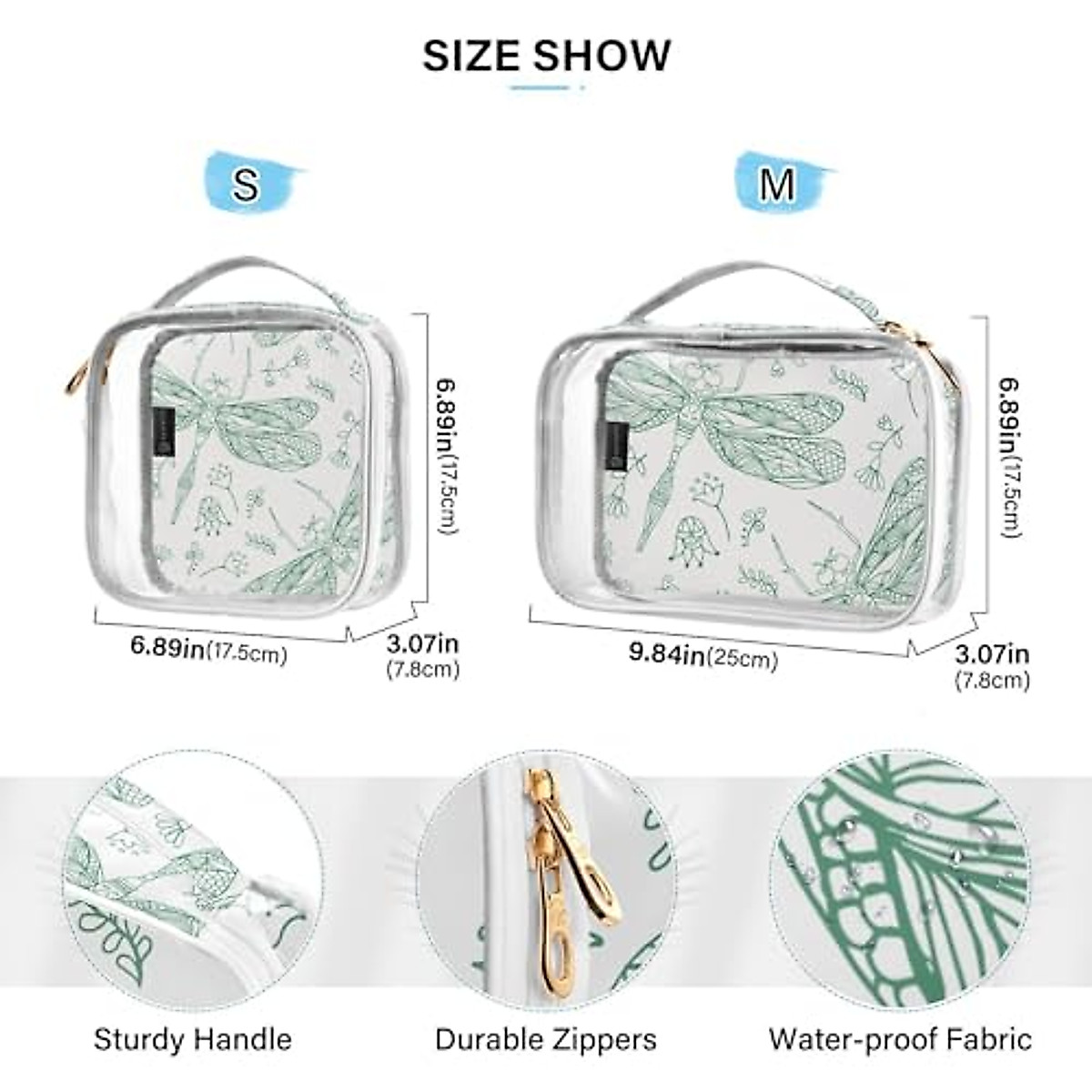 Dragonfly 2 Pieces Clear Makeup Cosmetic Toiletry Bags for Women Men PVC Waterproof Portable Travel Storage Carry Pouch with Gold Zippers Plastic Tote Bags for Vacation Bathroom Organizing Traveling
