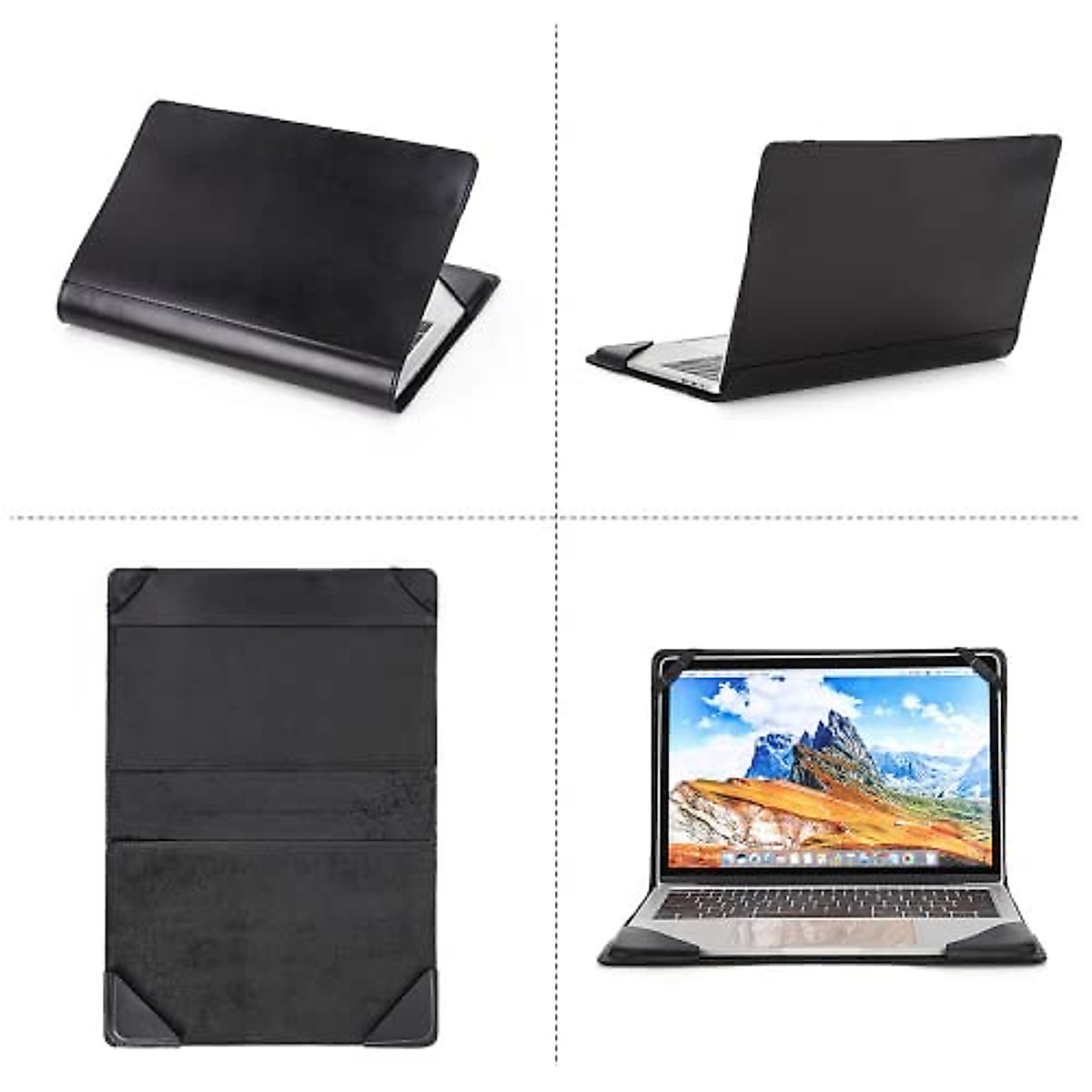 CataPurus Top Grain Leather 13.3" Slim Laptop Folio Case Protector, Vintage Open Style, Fully Handmade, Compatible with MacBook Pro 13.3" MacBook Air M1/M2 ZENBOOK 13.3" & Other PC, Black 13.3 Inch