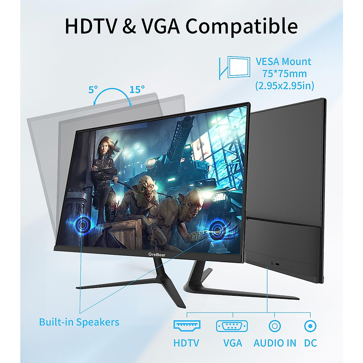 GreBear 24 Inch Computer Monitor 75Hz FHD IPS Screen 1080P PC Monitor, 5ms(GTG) 99% sRGB Low Blue Light Anti-Glare LED Desktop Display HDMI/VGA/Audio/Freesync/VESA Tilt Adjustable