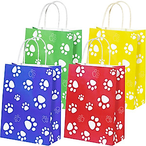 Capoda 24 Pcs Dog Print Bags with Handle Paw 8.7 x 6.3 x 3.2 Inch Paper Gift Bags Red Green Yellow Blue Cat Paw Candy Bags Puppy Dog Shopping Bags Bulk for Dog Cat Birthday Pet Party Favor Supplies