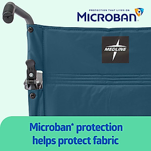 Medline Durable Folding Steel Transport Wheelchair with 12-Inch Wheels, 19-Inch Seat Width, Gray Frame, Microban, Teal Upholstery