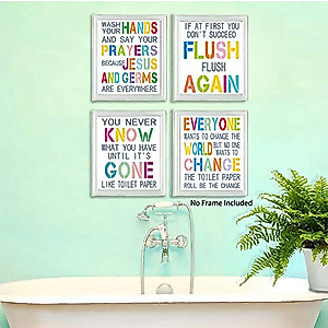 KAIRNE Funny Bathroom Quote Art Print, Set of 4 (8X10, Unframed) Colorful Inspirational Words Painting,Bathroom,Toilet,Washroom Rule Canvas Wall Art