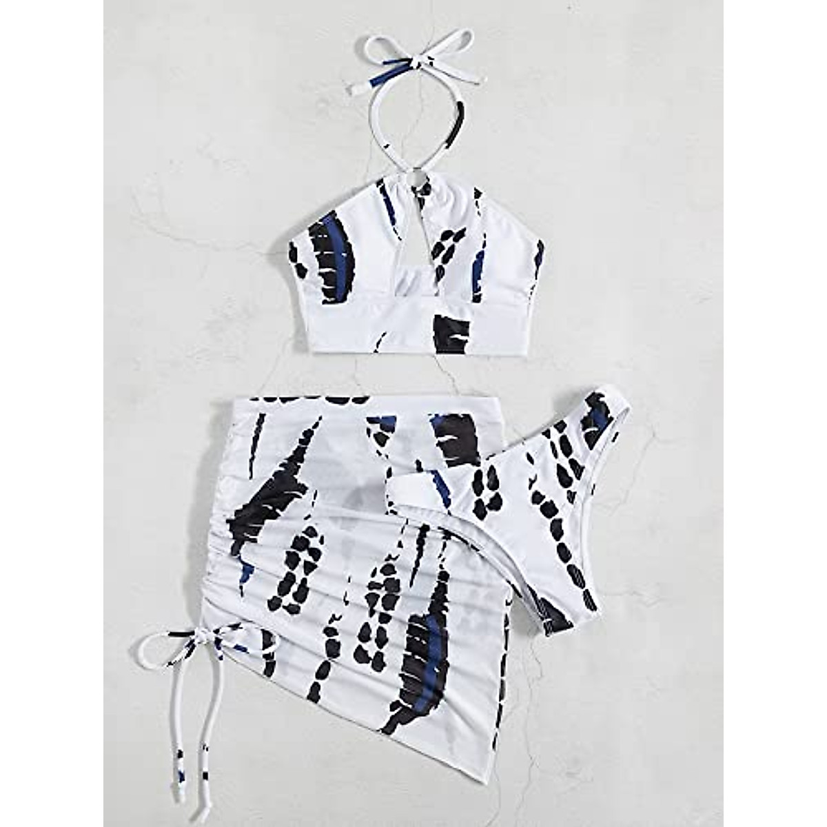 MakeMeChic Women's 3 Piece Swimsuits Halter Cutout Bikini Set Bathing Suit with Cover Up Skirt Black and White S