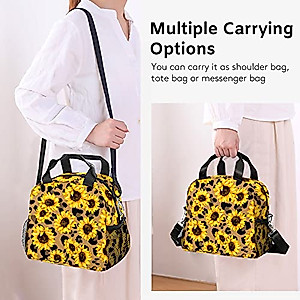 Rcekvoh Sunflower Leopard Cow Print Insulated Lunch Bag Women Girls Waterproof Lunch Box Freezable Lunch Tote Bag for Work Picnic with Adjustable Shoulder Strap Mesh Pocket