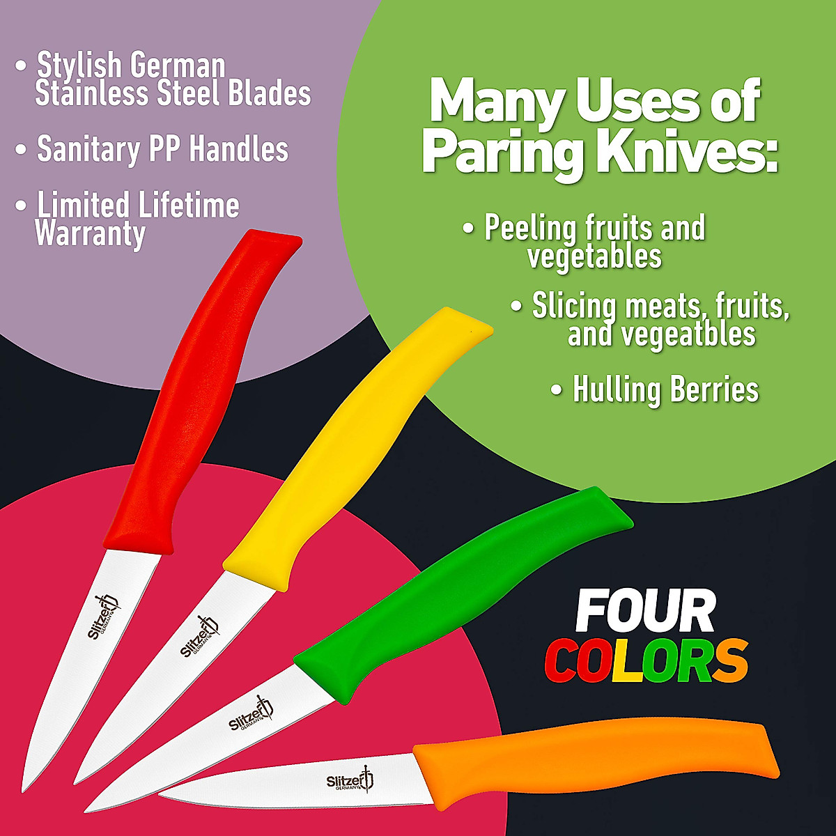 Slitzer Germany 4-Piece Paring Knife Set, 3 1/2 Inch Blade, German Stainless Steel, Colored Handles, Red, Yellow, Green, Orange