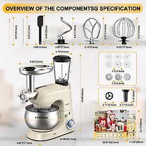 GUALIU 7-IN-1 Stand Mixer, 6+P Speeds Kitchen Electric Mixer, 5.3QT Stainless Steel Bowl Mixer With Dough Hook, Whisk, Beater, Meat Grinder, Blender, Multifunctional Household Kitchen Mixer