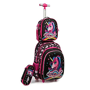 3 PCs Rolling Backpack with Lunch Bag Pencil Case, 16 inch Lightweight Roller Backpacks for Girls Elementary, PU Leather Backpack with Wheels for School Travel, 4+ years old, Black Unicorn