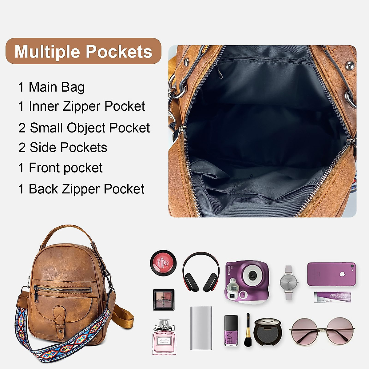 ZGWJ Mini Backpack Purse for Women, Designer Leather Cute Roomly Small Backpacks, Ladies Shoulder Backpack Fashion Handbag