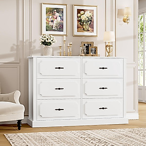 FINETONES White Dresser 6 Drawer, 47.2'' White Dresser Chest of Drawers, Farmhouse Wide Dresser White Chest of Drawers with Designed Drawer Surfaces, 6 Drawer Dresser Storage Organizer