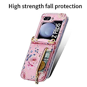 EAXER for Samsung Galaxy Z Flip 5 Case, Shockproof Women Rose Flower with Crossbody Strap Wallet Leather Stand Case Cover (Pink)