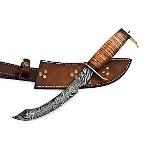 Skokie Knives Custom Hand Made Damascus Steel Hunting Knife Handle Stacked Leather With Double Brass Double Clip