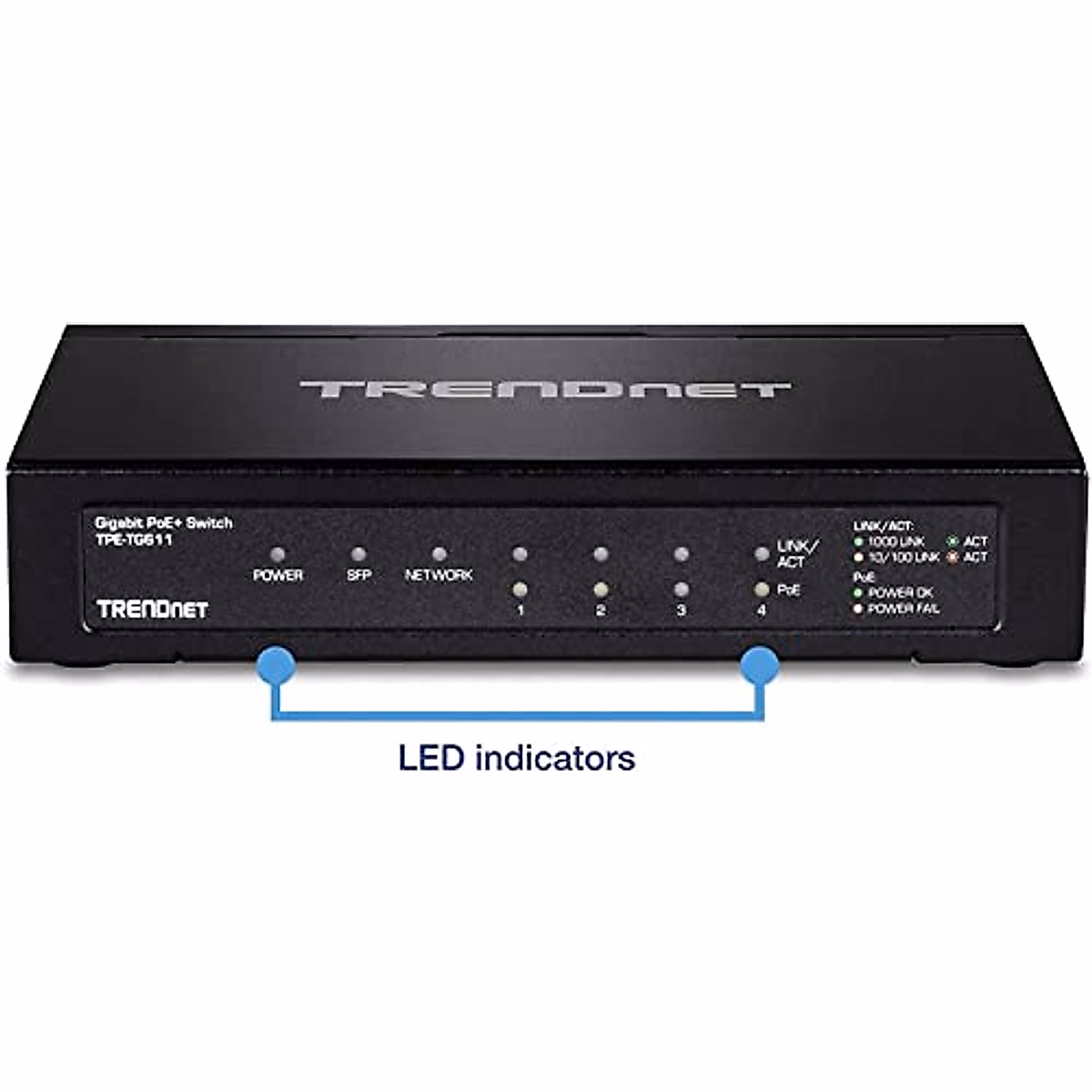 TRENDnet 6-port Gigabit Poe+ Switch, TPE-TG611, 4 X Gigabit Poe+ Ports, 1 X Gigabit Port, 1 X SFP Slot, Supports 100/1000Base-FX Fiber SFP Modules, Ethernet Desktop Network Switch, Lifetime Protection