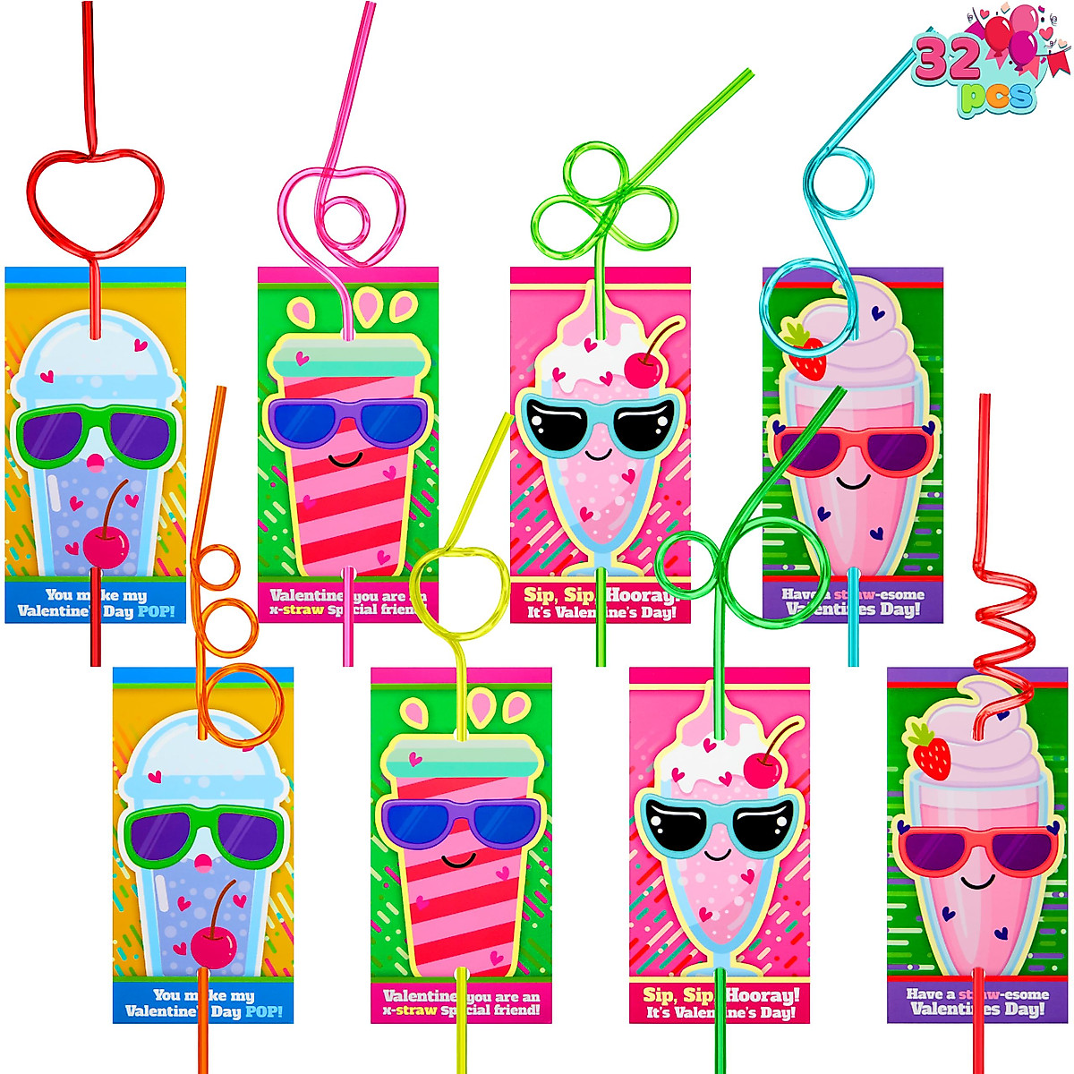JOYIN 32 Pack valentines day Straws with Cards, Colorful Crazy Reusable Drinking Straws for kids, Valentines Day Gift, Classroom Exchange Prizes, Valentine Party Favors Gifts