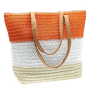 CIOOU Large Straw Tote Bag for Women Rattan Woven Beach Bag Summer Colored Stripe Shoulder Bags (orange beige nature bag totes)