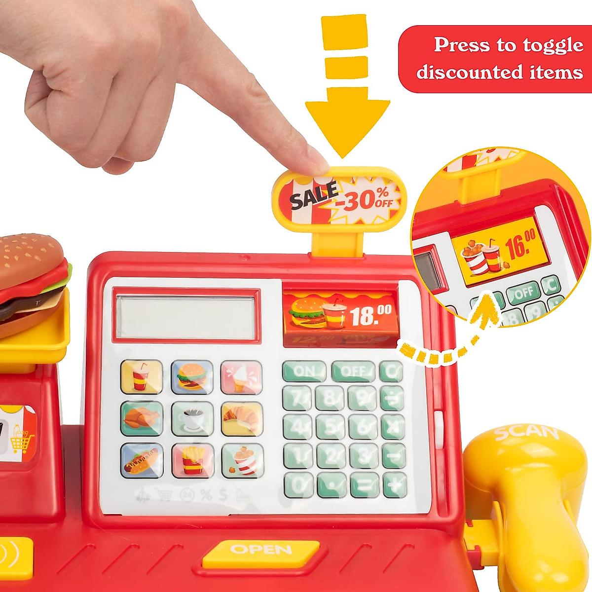 Pretend Play Calculator Cash Register Toy, Supermarket Shop Toys Cashier Registers with Scanner, Microphone, Play Food, Credit Card, Money - Pre-School Gift for Kids, Toddlers, Boys & Girls, Ages 3+