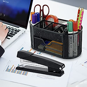 Neudeco Desk Organizers Mesh Desktop Office Supplies Multi-functional Caddy Pen Holder Stationery with 8 Compartments and 1 Drawer + Stapler with 1000 Staples Combo for Office Home School Black