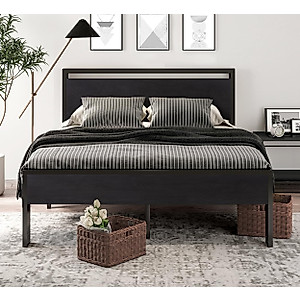 SHA CERLIN 14 Inch Full Size Metal Platform Bed Frame with Wooden Headboard and Footboard, Mattress Foundation, No Box Spring Needed, Large Under Bed Storage, Non-Slip Without Noise, Black Oak