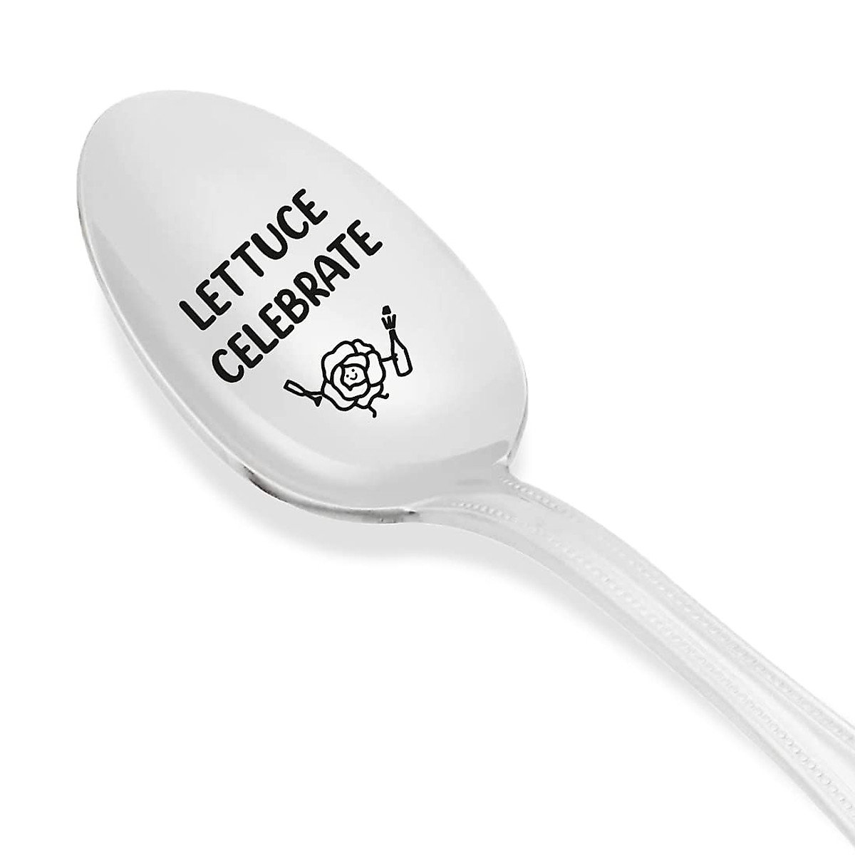 Funny Let Us Celebrate Spoon Hilarious Gifts For Vegan Veggie Food Lovers | Lettuce Celebrate Salad Quote Engraved Spoon With Lettuce Vegetable Icon | Sarcastic Birthday Gifts For Vegetarian Friends
