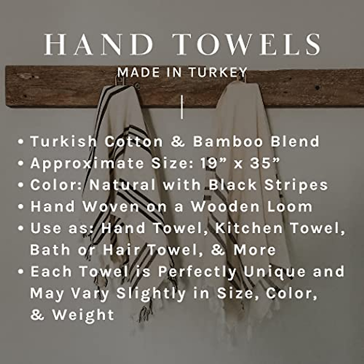 Sweet Water Decor Turkish Cotton and Bamboo Hand Towel | Large Size 19 x 35 inches | Cream with Decorative Stripes | Bathroom, Kitchen, Dish, or Baby Towel (Savannah - 5 Black Stripes)