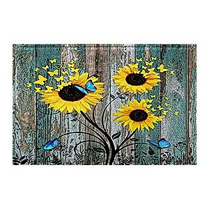 Grtuspr Sunflower Bath Rug, Teal Blue Butterfly on Vintage Rustic Plants Country Wood Bath Rug, Farmhouse Funny Butterfly Waterproof Non Slip Bathroom Rug, Bathroom Decor