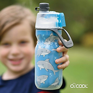 O2COOL Mist 'N Sip Kids Misting Water Bottle 2-in-1 Mist And Sip Function With No Leak Pull Top Spout 12oz (Sharks)